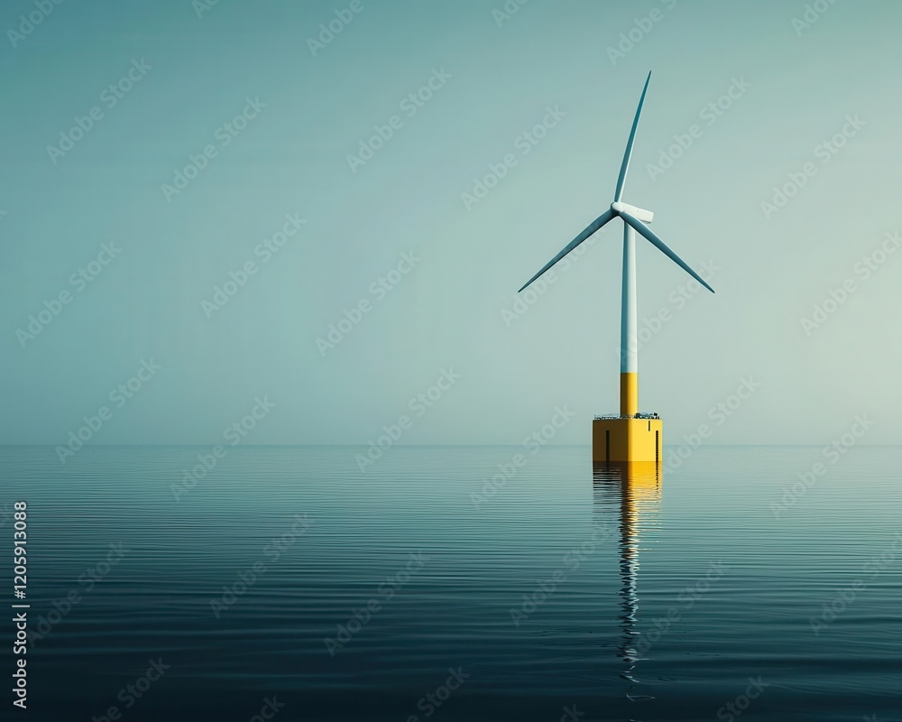 Floating offshore wind turbine assembly plant on a calm ocean, green ...