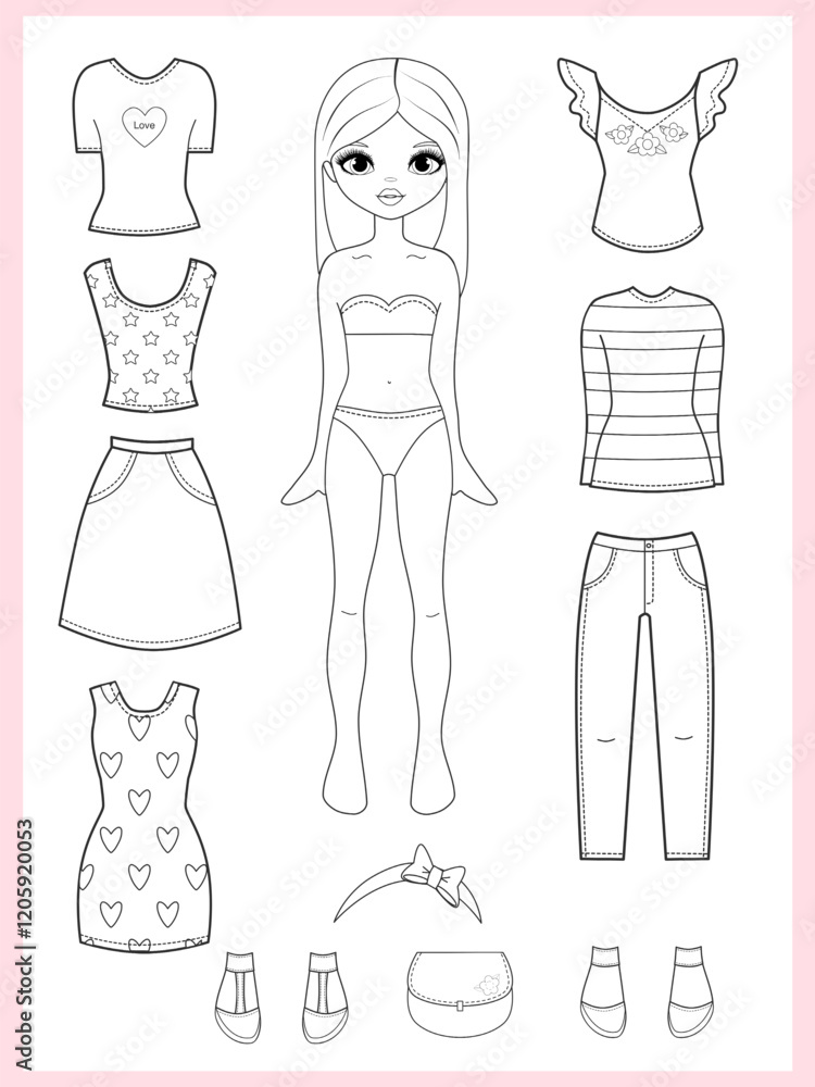 Paper doll clothes coloring page, book. Outline. Black and white ...