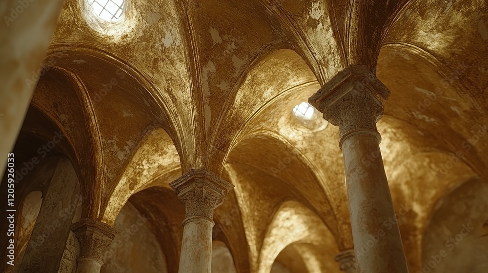 Golden arched ceiling, columns, skylights, inside historic chapel ...