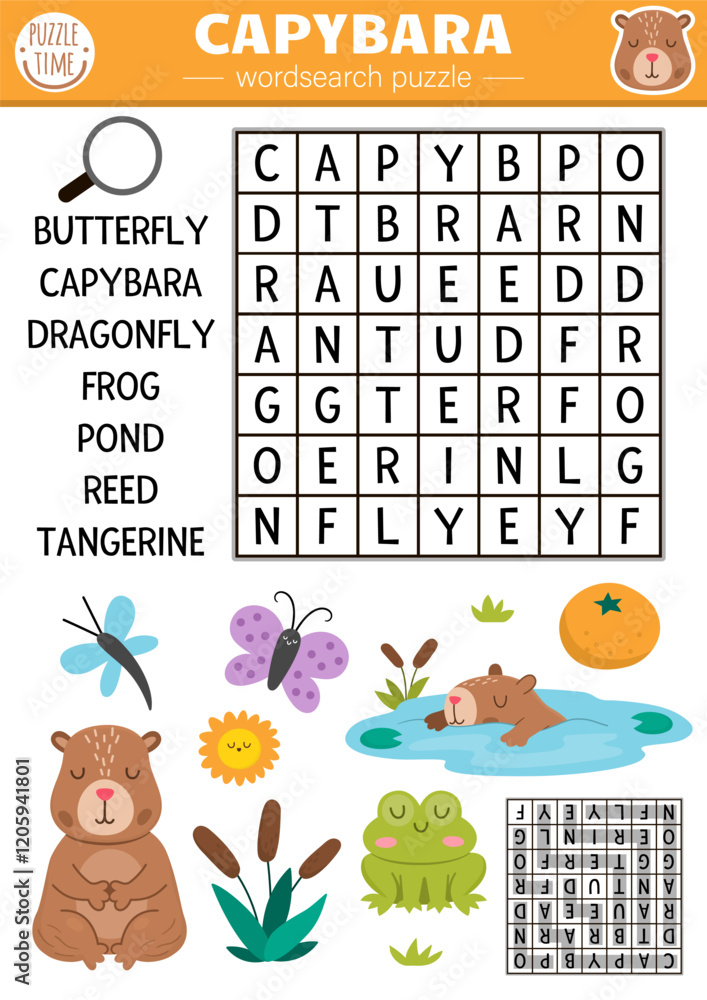 Vector capybara wordsearch puzzle for kids. Simple word search quiz ...