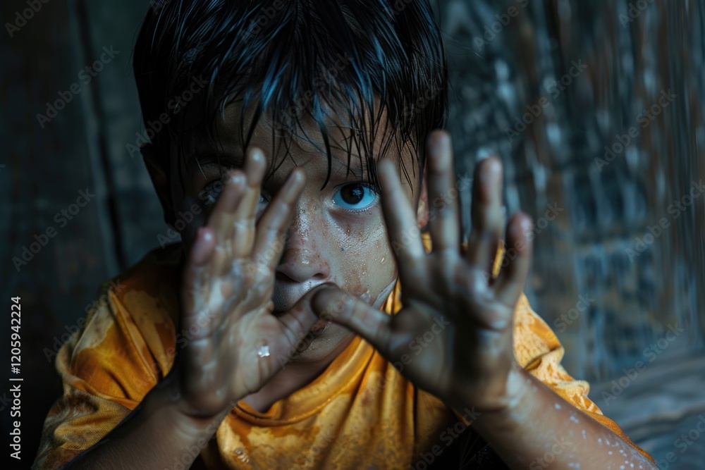 National child abuse awareness month: scared child, covering gesture ...
