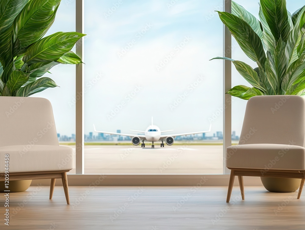 Hightech airport terminal interior view with a private jet visible ...