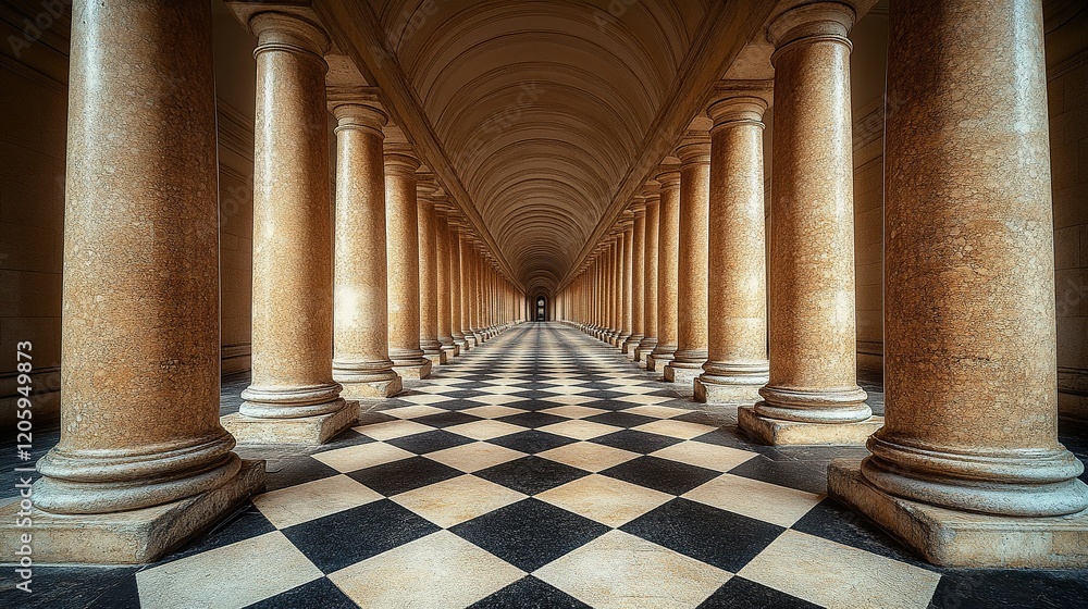 Grand hall colonnade with checkered floor, diminishing perspective ...