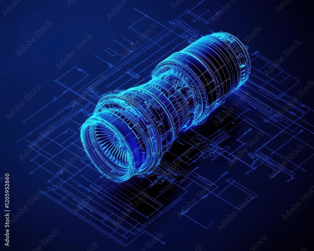 Isometric blueprint of a highbypass turbofan jet engine with intricate ...