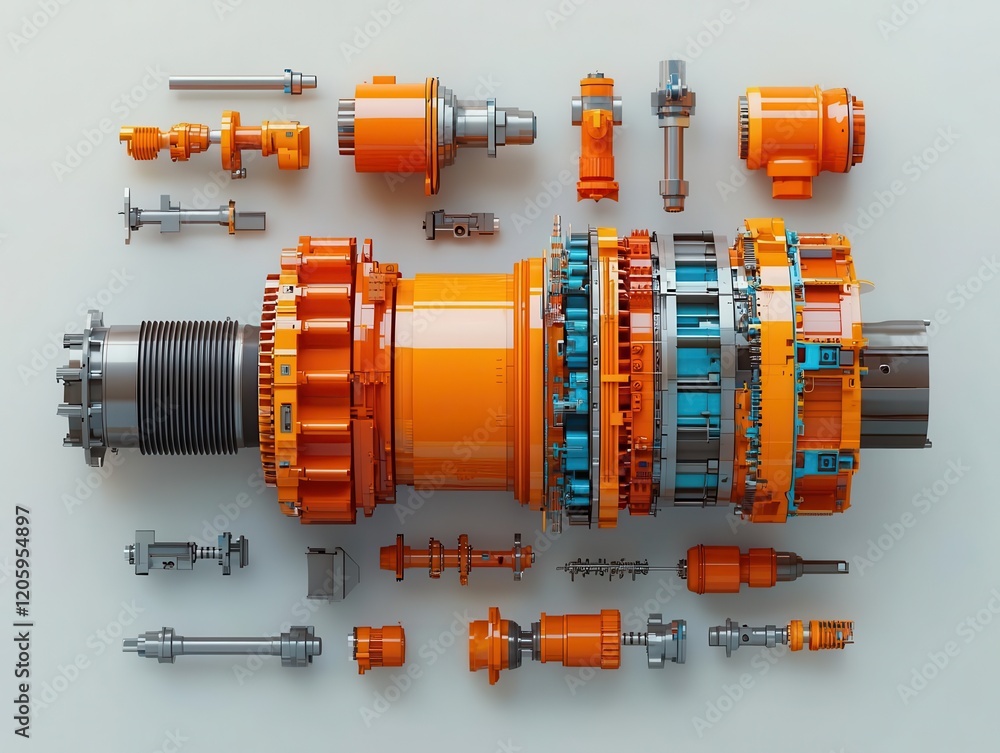 Exploded diagram of a jet engine gearbox assembly, showcasing mechanical interconnections, jet ...