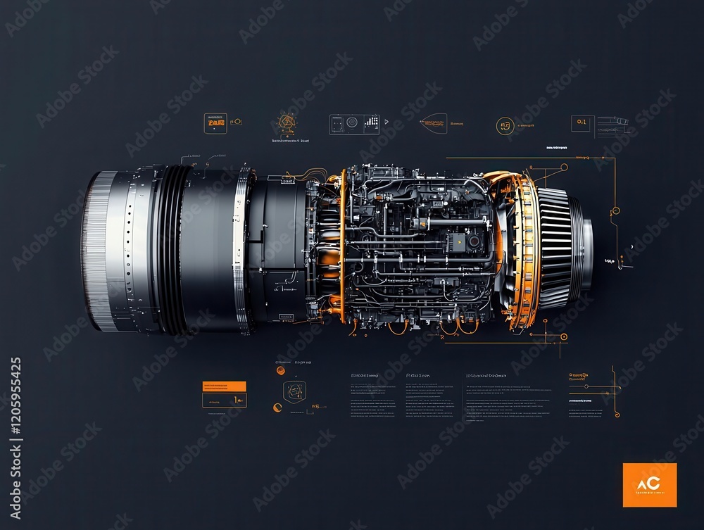 Crosssection of a turbofan jet engine with bypass ratio and efficiency ...