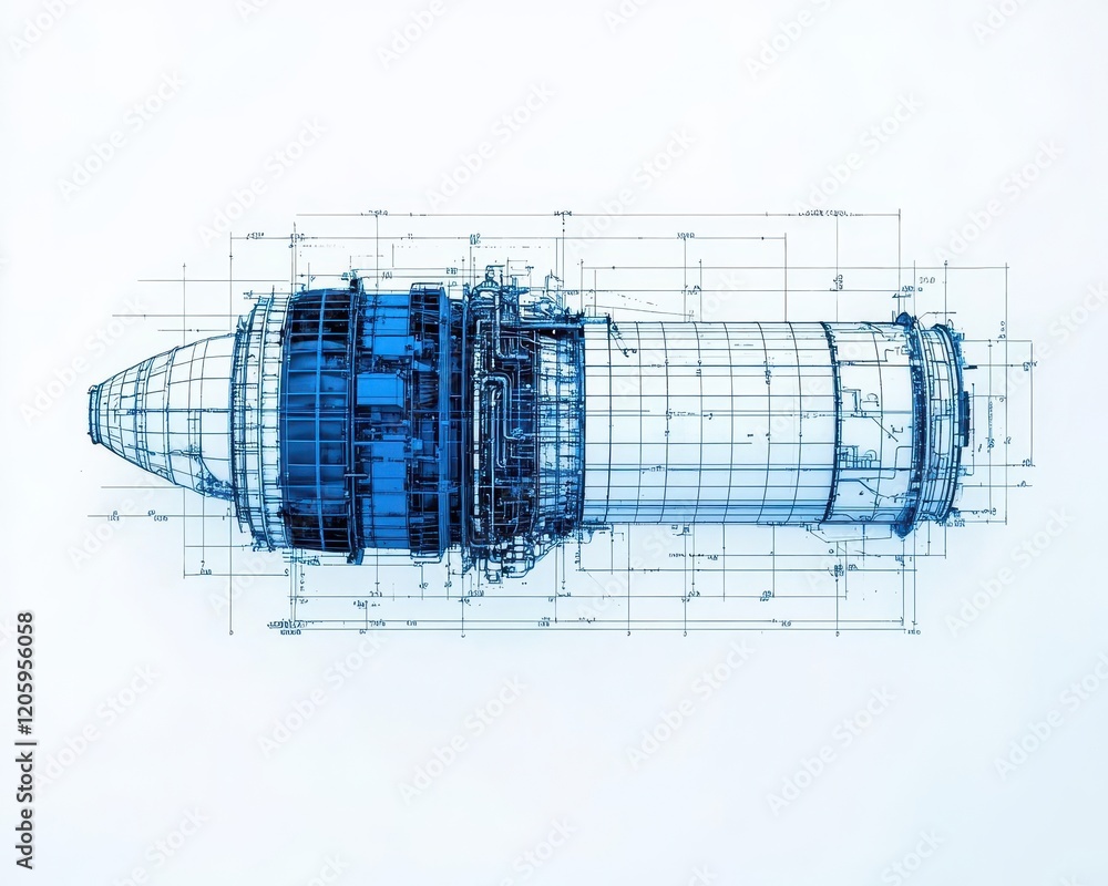 Crosssectional blueprint of a jet engine showing airflow dynamics and ...