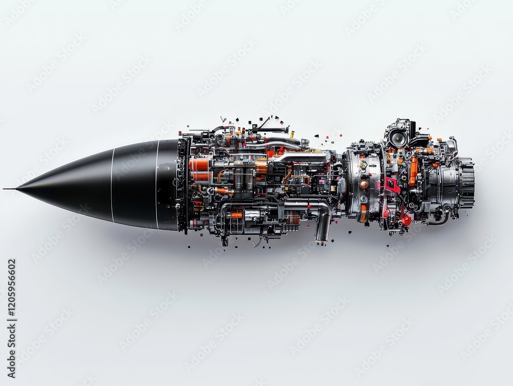 Cutaway illustration of a military jet engine with labels for ...