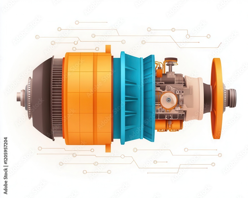 Exploded drawing of a jet engine power generation system, showing auxiliary functions, jet ...