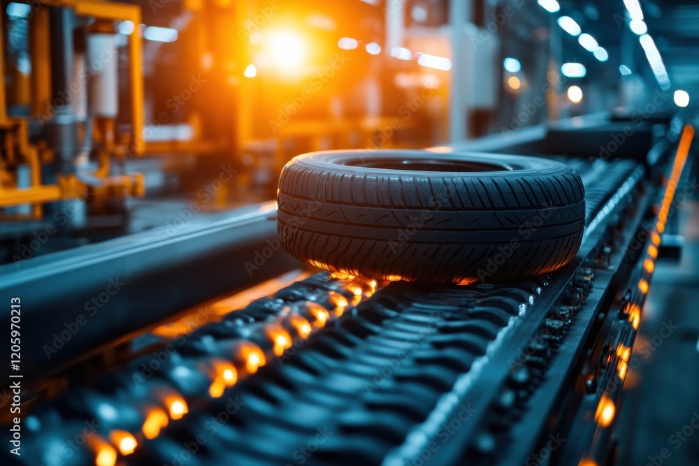 Tire Manufacturing Process with Production Conveyor Belt and Industrial Equipment Showcasing the ...