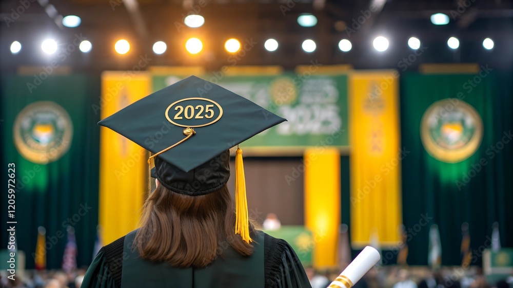 Back view of a graduate wearing a cap with "2025" in gold at a ceremony ...