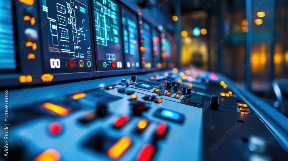 Control panel with multiple monitors displaying real time data and ...