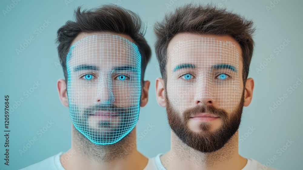 Pair of men with digital face mapping grids, representing advanced ...