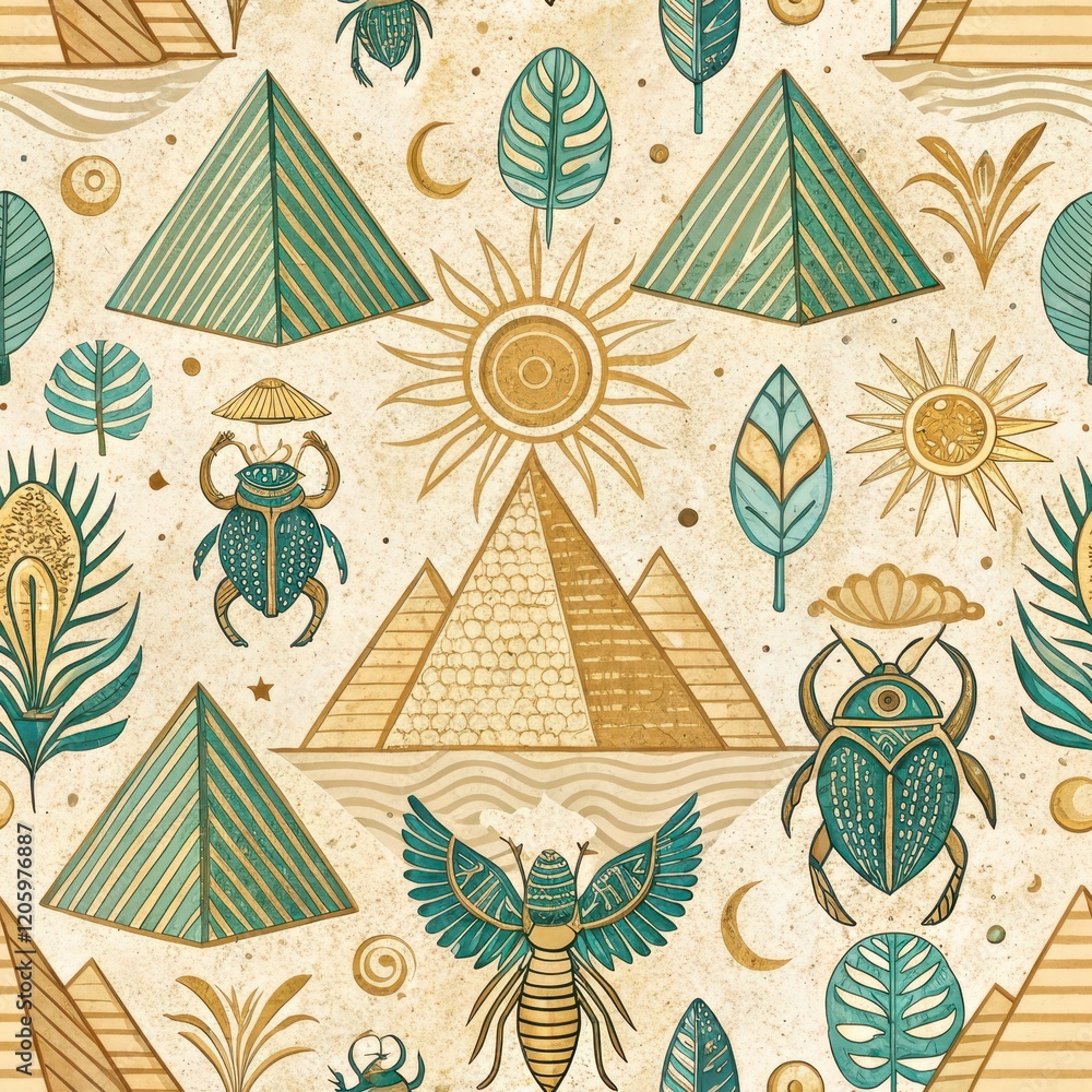 Seamless Ancient Egyptian Pattern Pyramids Scarab Beetles Sun Plants ...