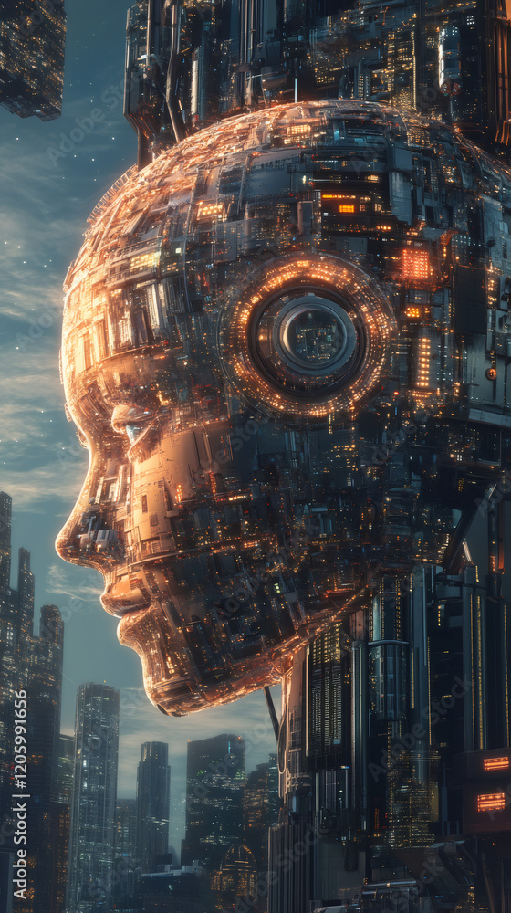 Giant cyborg head with glowing circuits emerging from futuristic city ...