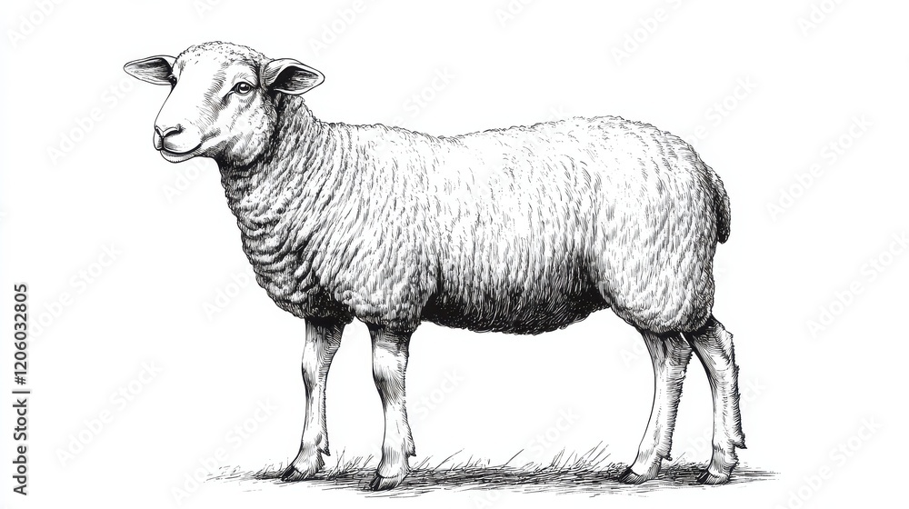 Sheep, lamb. Vintage retro print, black white sheep lamb sketch ink ...