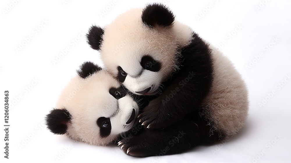Two adorable baby pandas lounging playfully on a crisp white background ...