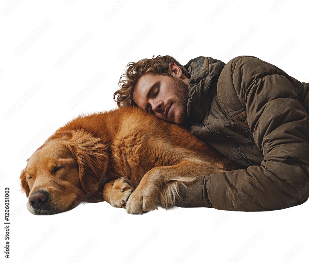 Cozy bonding moment man and golden retriever sleeping together indoor ...