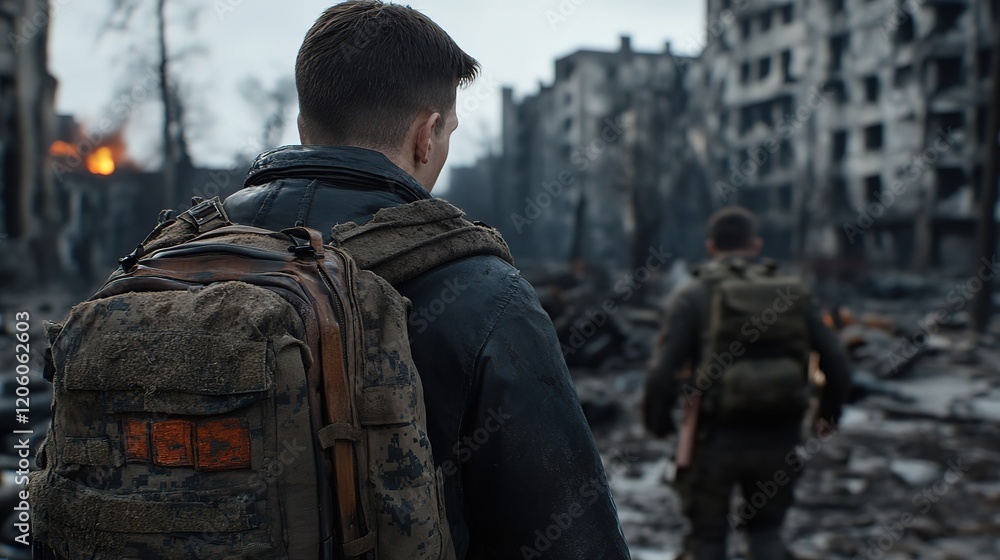 back view of soldiers walking with backpack at burnt town, black ...