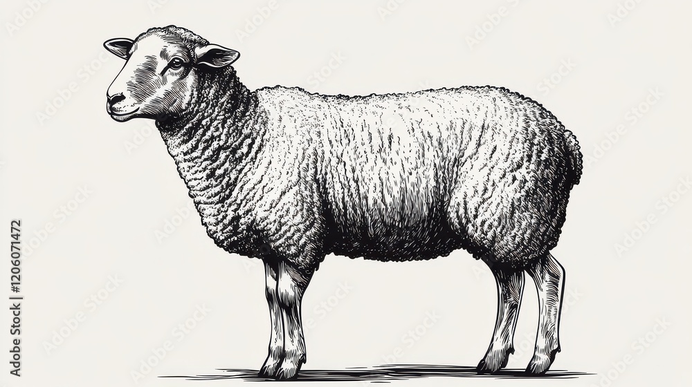 Sheep, lamb. Vintage retro print, black white sheep lamb sketch ink ...