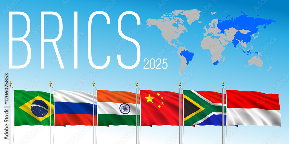 BRICS summit, flags of the countries and new map, illustration, year ...