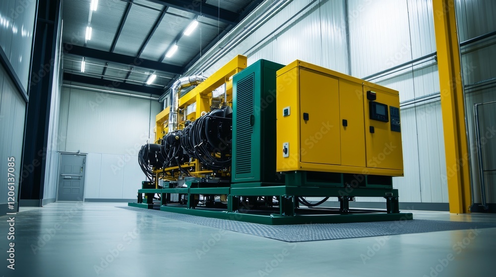 A diesel generator unit, equipped with a fuel tank and control panel ...