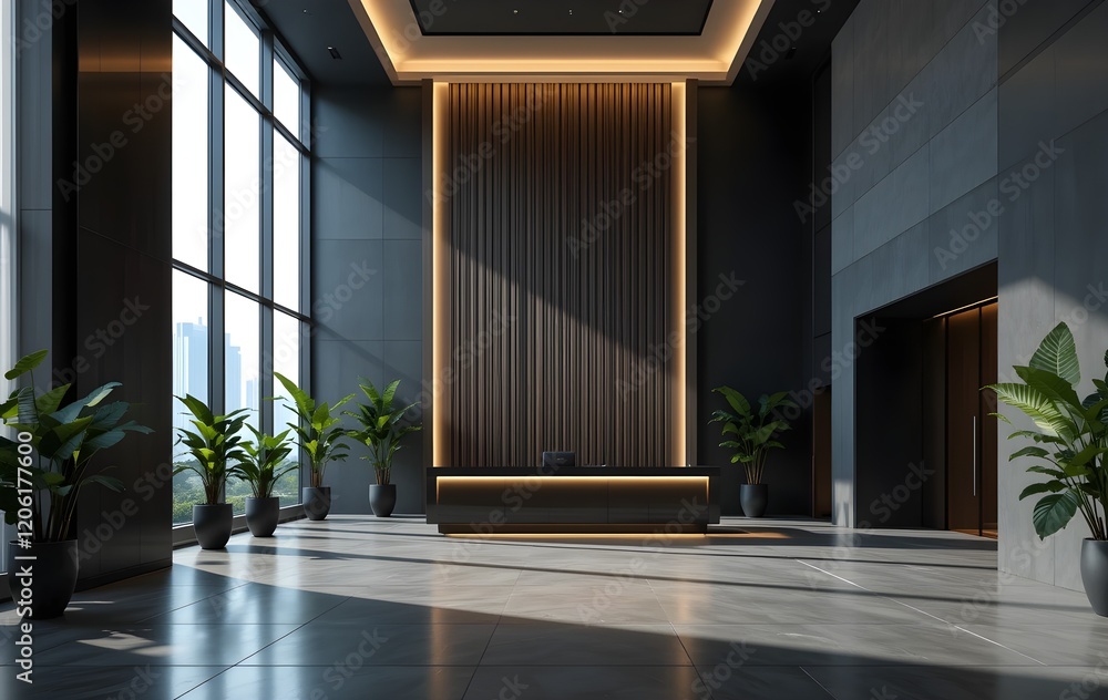 Foto de Stock modern minimalist lobby, dark gray walls, backlit wood ...