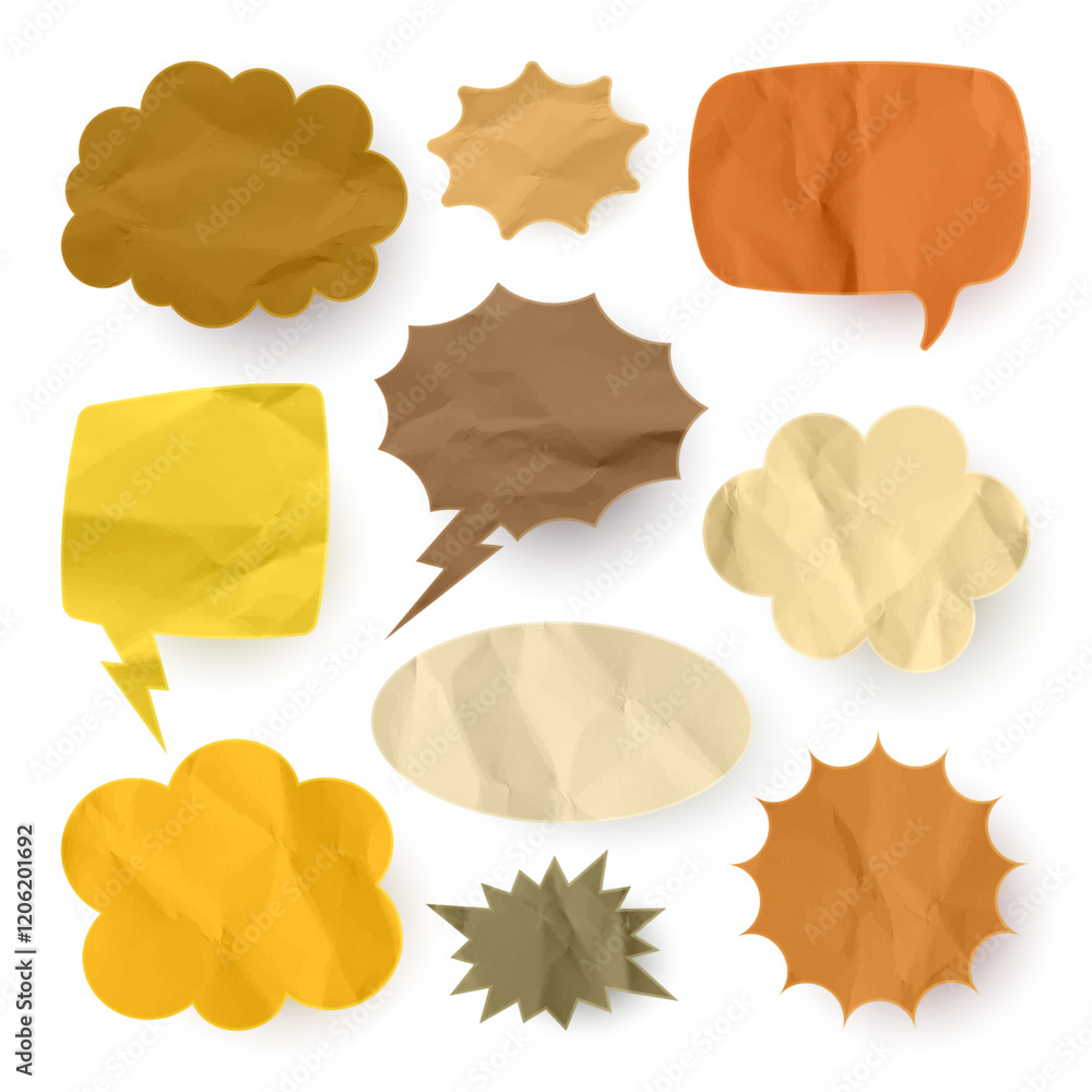 Crumpled brown paper comic speech bubbles. Hand drawn retro cartoon ...