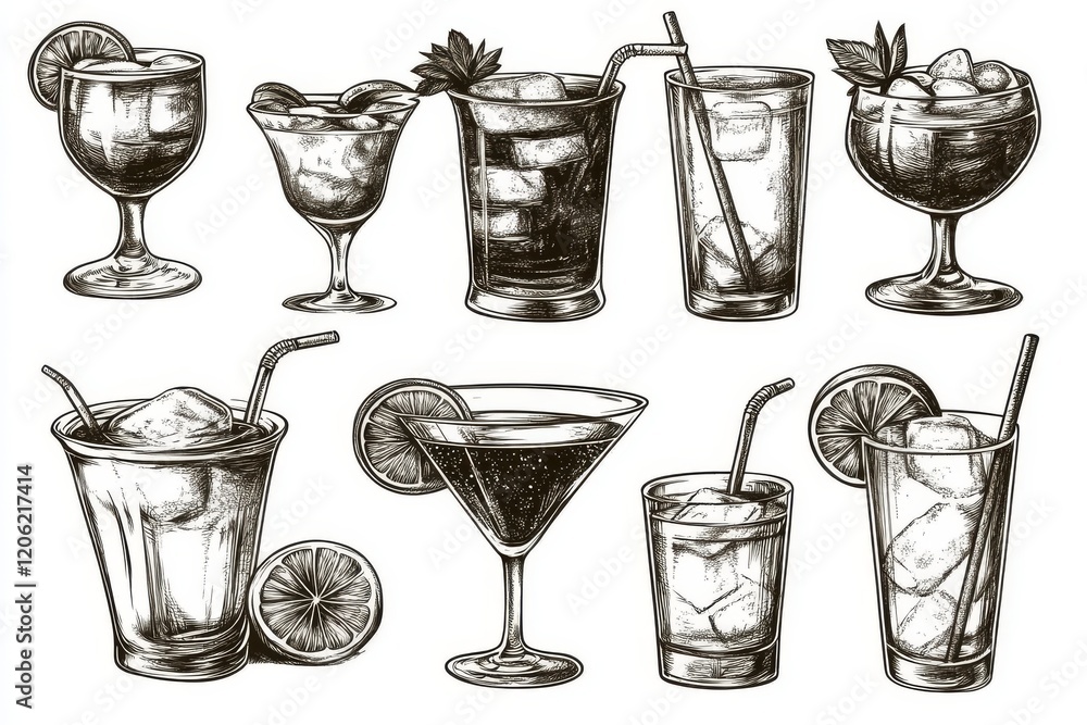 Line drawing collection of alcoholic beverages for bar menus. Created ...