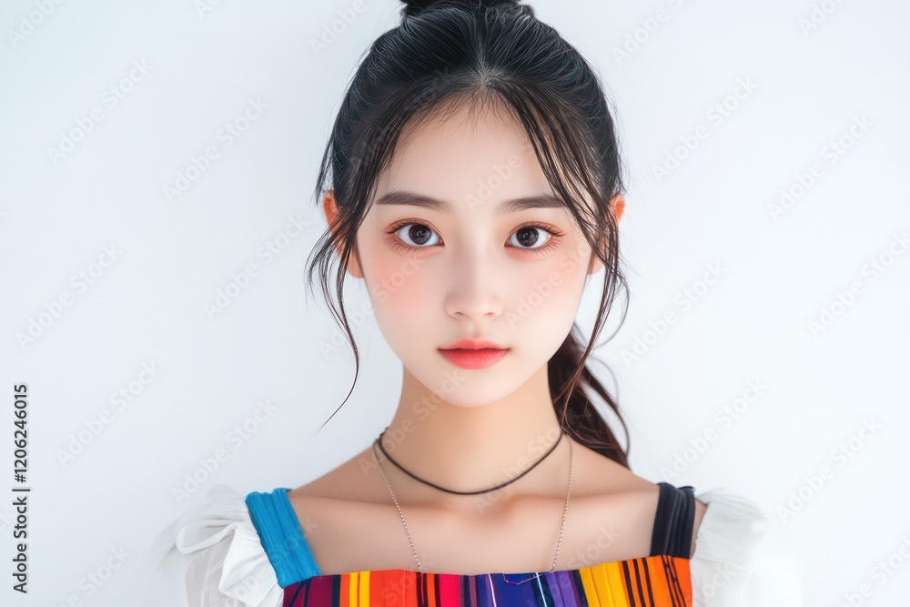A 14-year-old innocent Chinese girl with a cute ponytail and big eyes ...