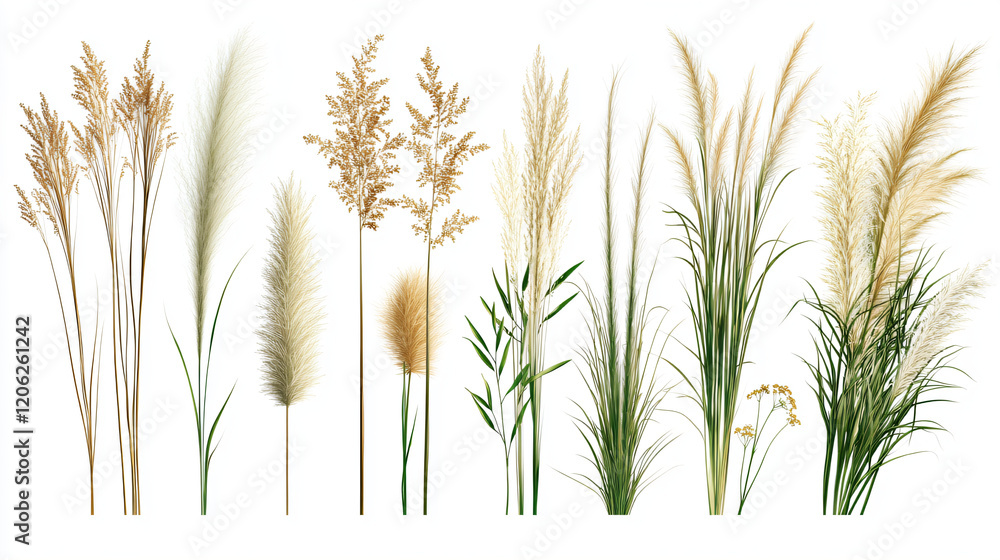A collection of ornamental grass patterns of a tall, wispy grass with ...