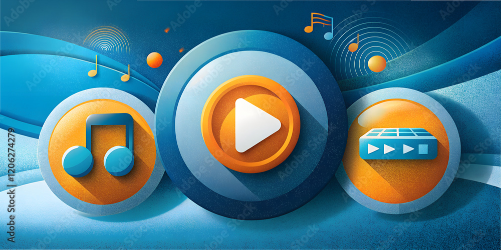 Design featuring vibrant music art elements with play button and ...