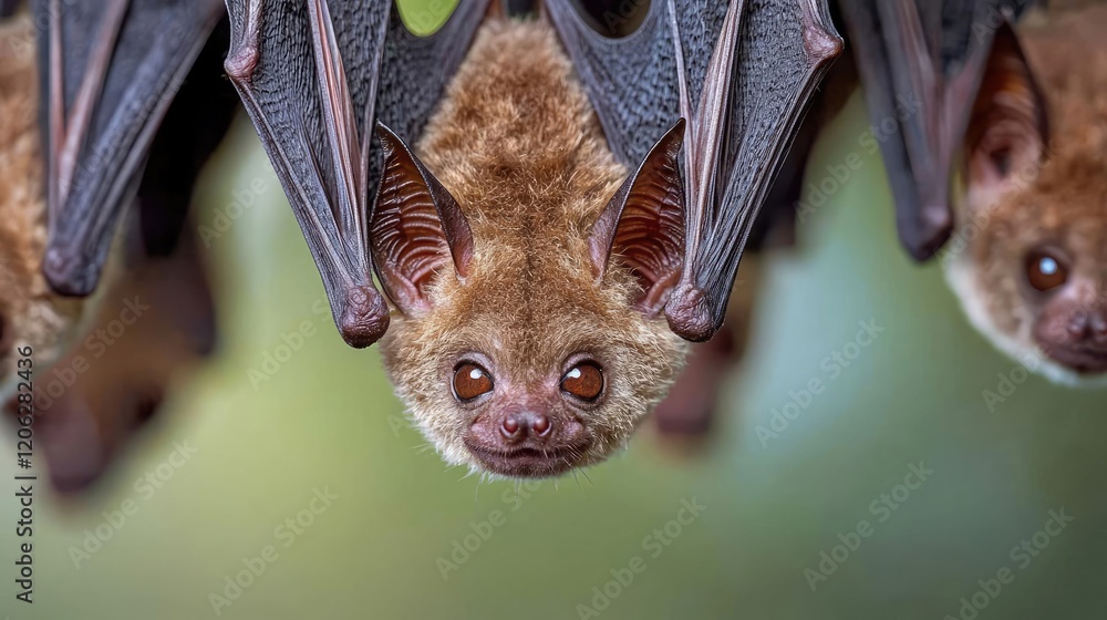 Bats hanging upside down in rainforest, close-up. Nature wildlife ...