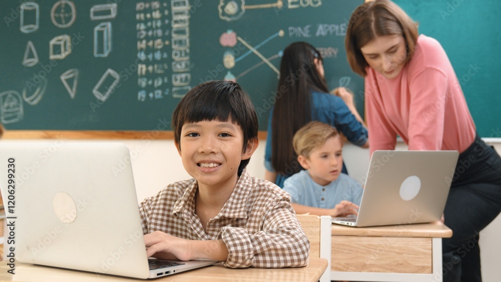 Cute boy coding engineering prompt while attractive girl drawing ...