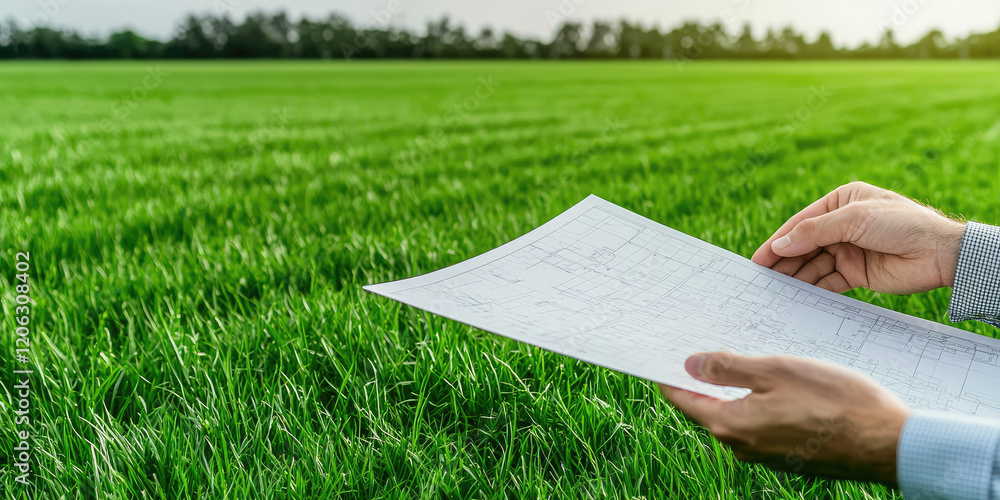 Cadastral map in hand on field background. Sale of building plot of ...