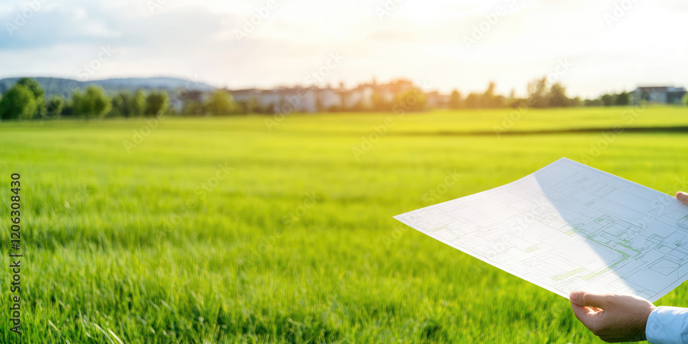 Cadastral map in hand on field background. Sale of building plot of ...