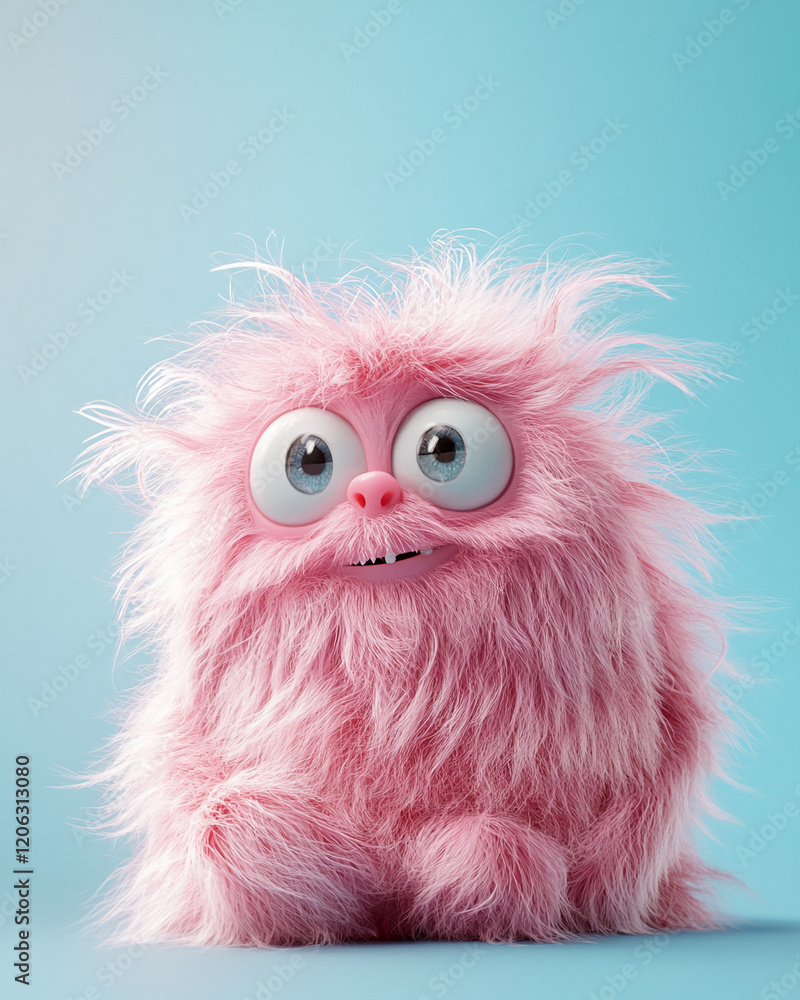 Cute pink fluffy creature with big eyes and a friendly smile on a light ...