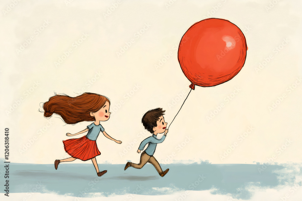 Cartoon illustration of a girl chasing a boy holding a big red balloon ...