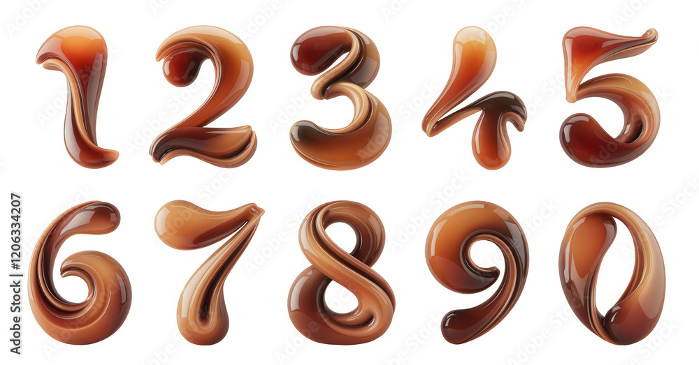 The caramel numbers 0 to 9 are written in a unique and artistic way ...