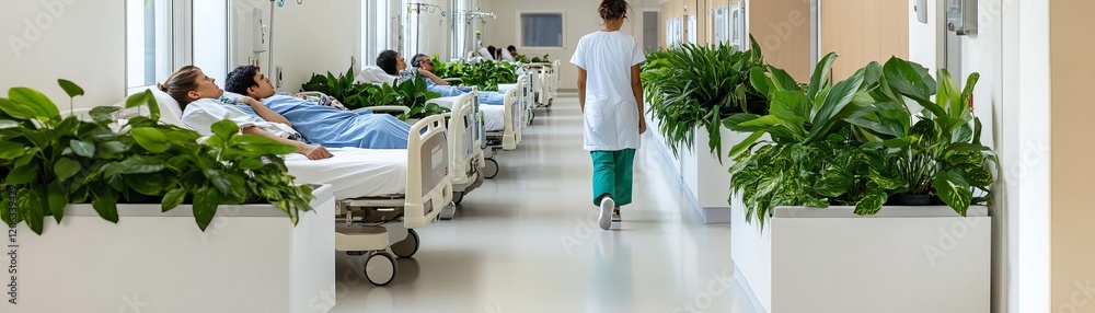 Patients resting in green hospital wards surrounded by air-purifying ...