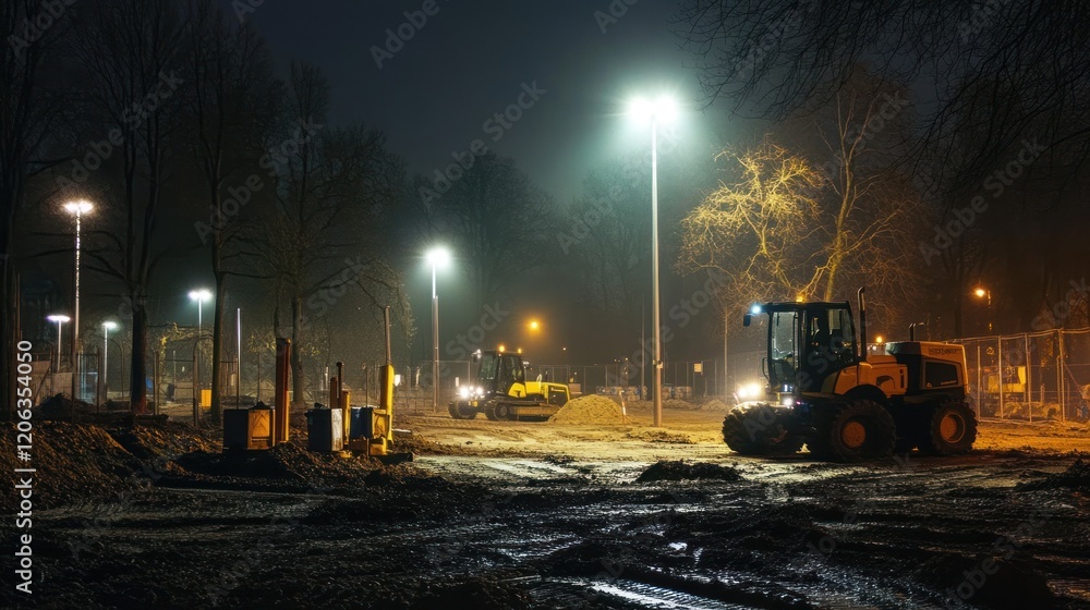 Nighttime Construction Site with Heavy Machinery and Lights Stock ...