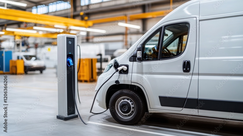 Electric van charging at a modern station in a spacious industrial ...