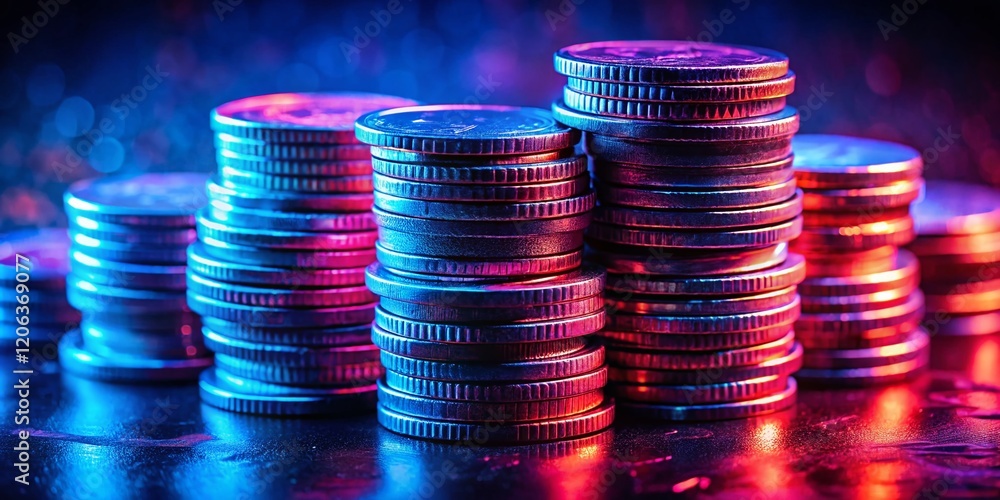 Vintage Stack of Coins with Neon Lights - Retro Still Life Photography ...