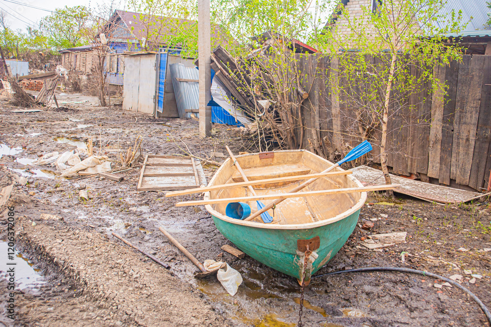 destroyed houses, buildings, roads, consequences of flooding and spring ...