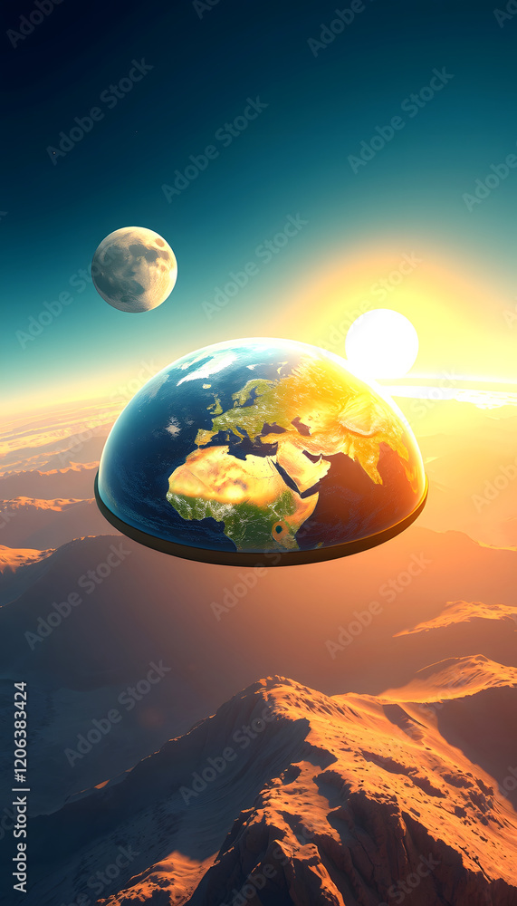 3D Illustration Rendering. Flat earth theory with atmosphere, sun, moon ...