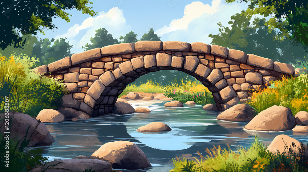 Low-arched stone bridge crossing shallow columbia river, water flow ...