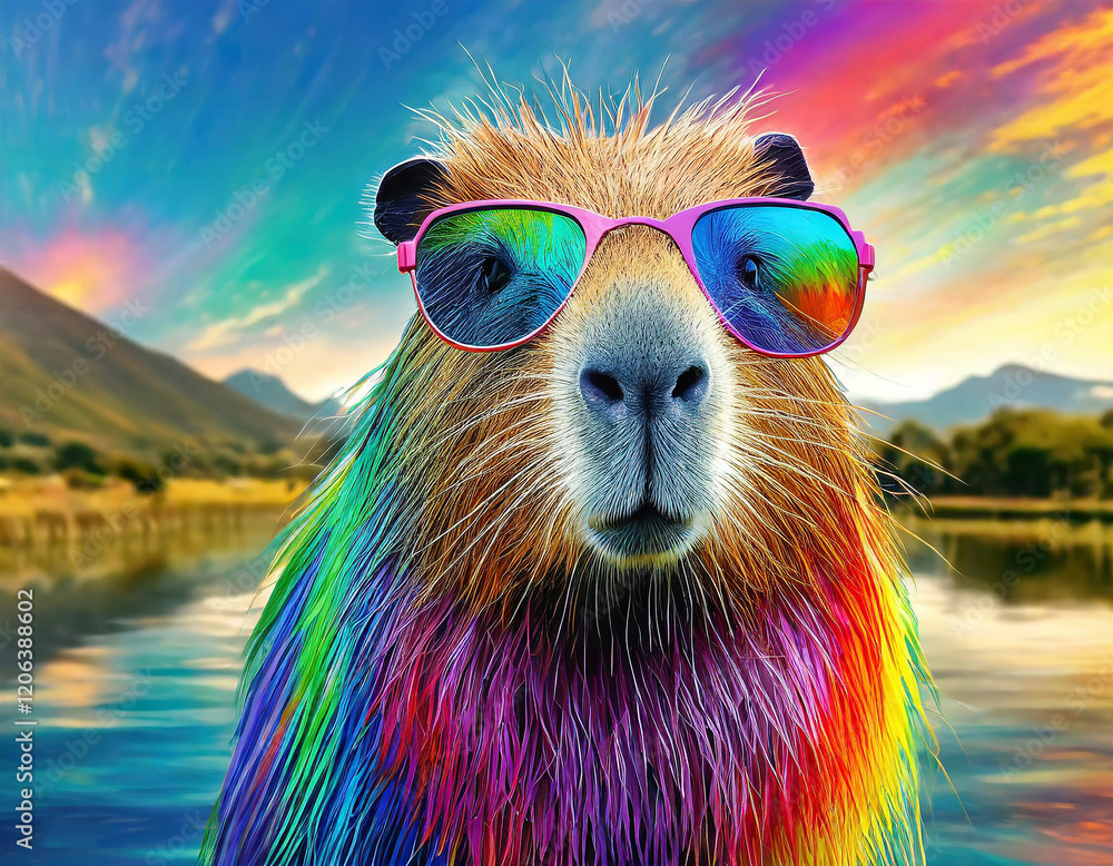 a vibrant, colorful capybara with a hyper-realistic face in frontal ...