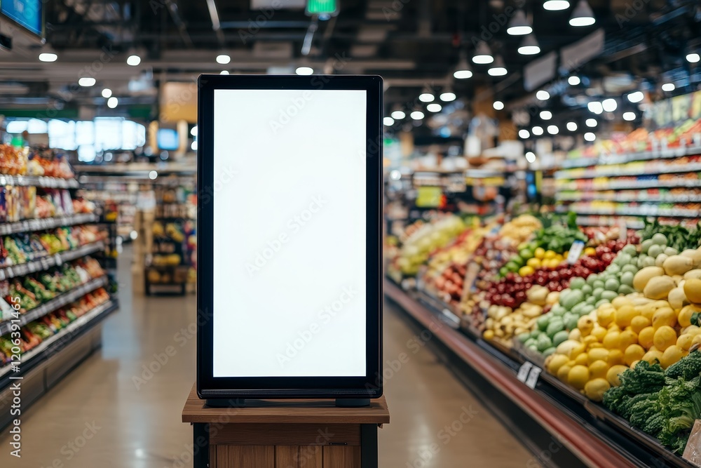 Realistic digital display mockup in a busy supermarket produce aisle ...