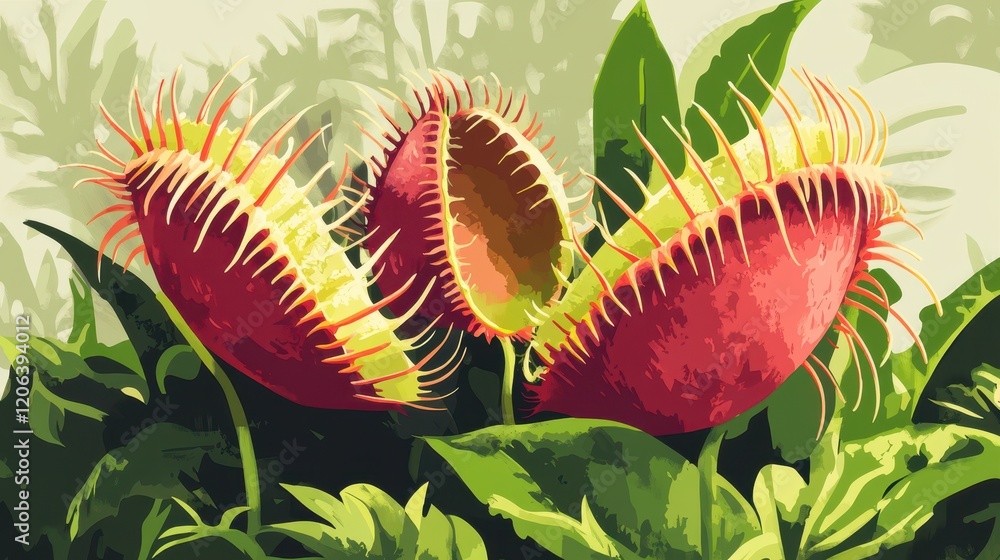 Close-up artistic illustration of Venus flytrap with detailed focus on ...