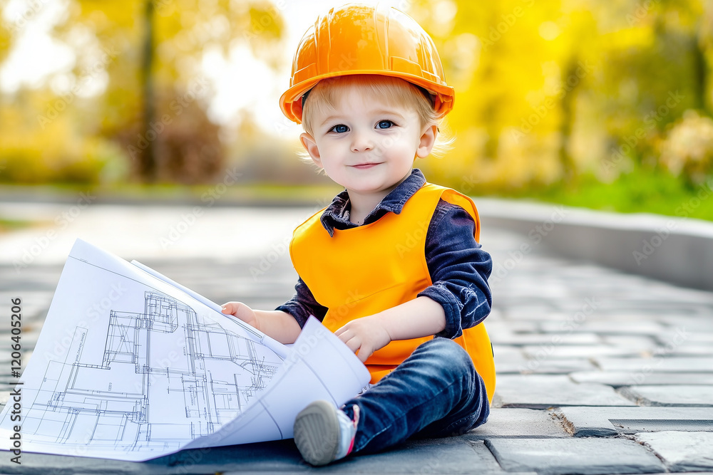 Young child dressed as a constructor holding building blueprints ...